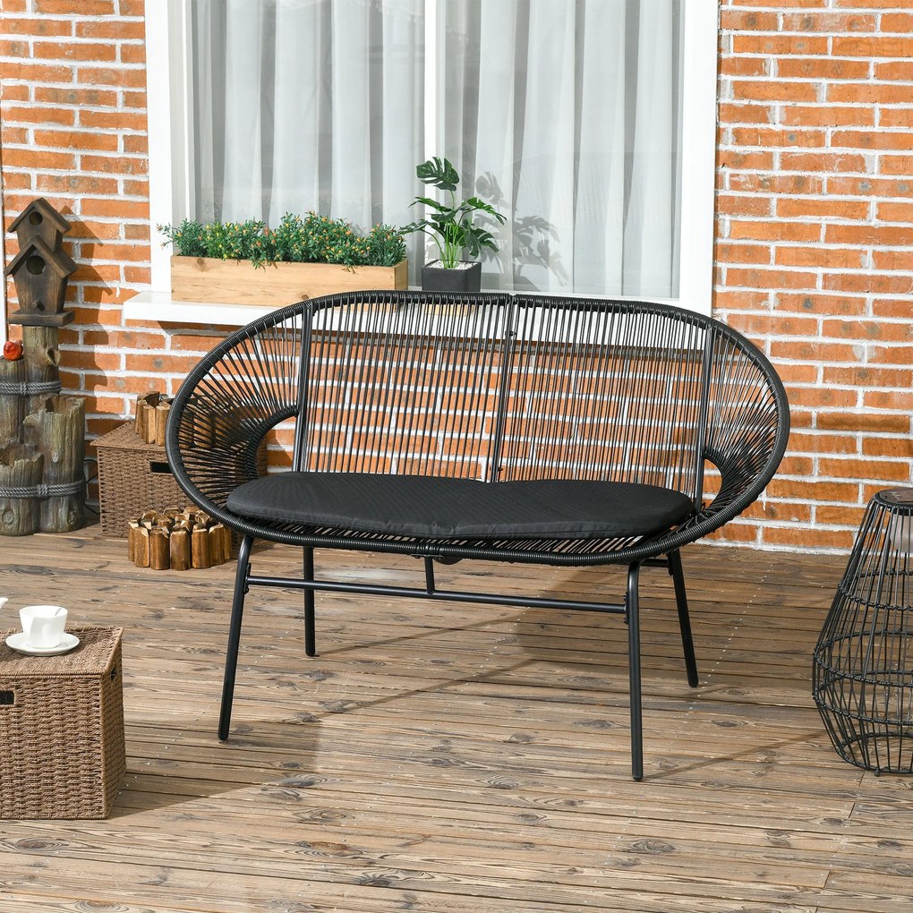 Outsunny 2-místná zahradní židle Acapulco s opěrkami, polstrováním a ocelovým rámem, nosnost 260 kg, pro balkon, terasu, patio, 132x72x83 cm, černá