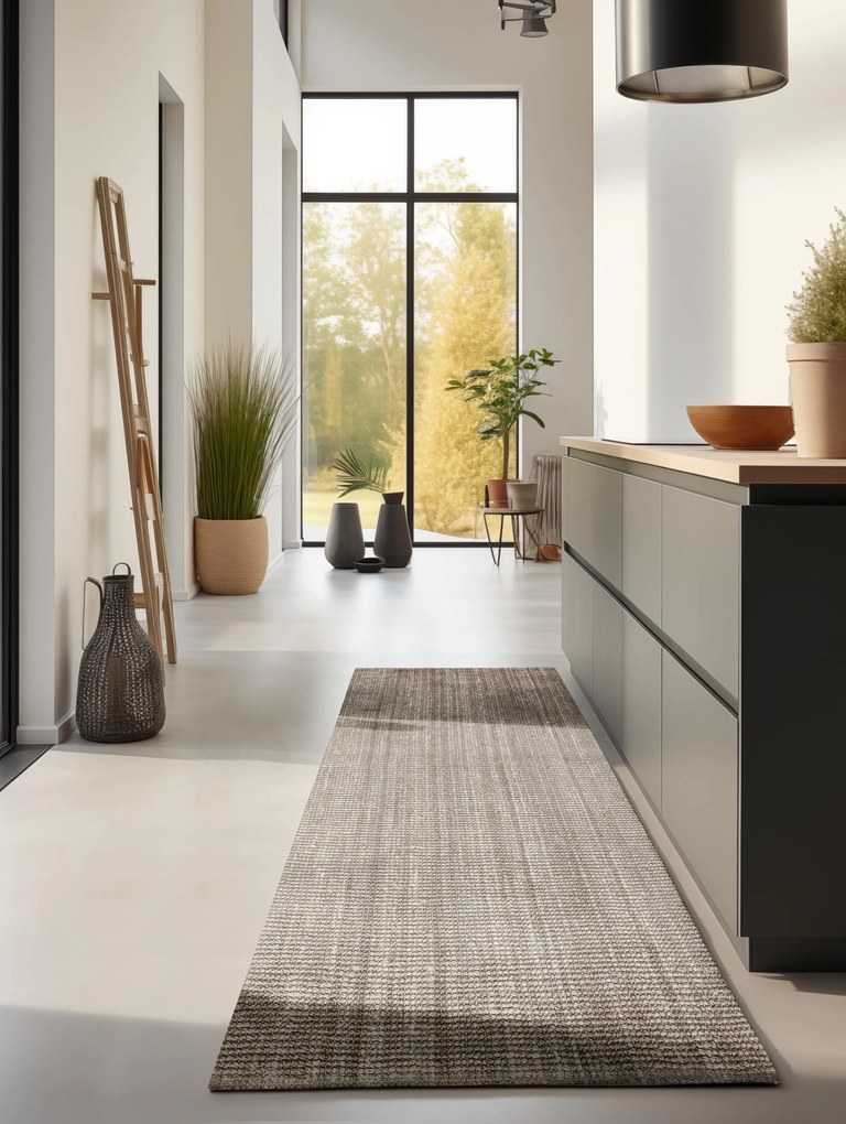 Hanse Home, Koberec běhoun Bouclé Jute 105975 Grey Brown, 80x200, hnědá, chodba / předsíň