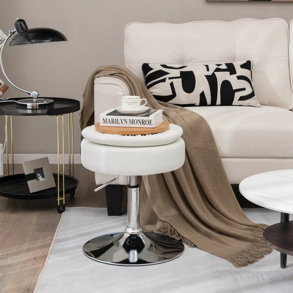 Costway Stolička na make-up s úložným prostorem otočná o 360° z umělé kůže bílé