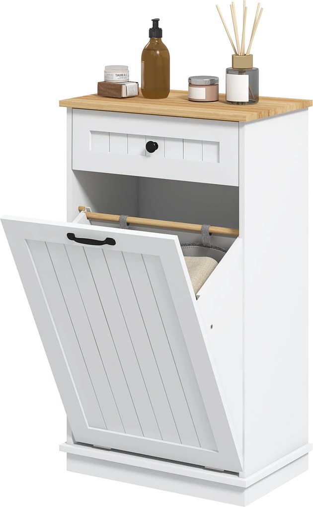 HOMCOM Koupelnová Úložná Skříňka S Vaničkou Na Prádlo A Zásuvkou, Design Proti převrácení, Moderní Koupelnový Nábytek 52x33x90 cm Bílá