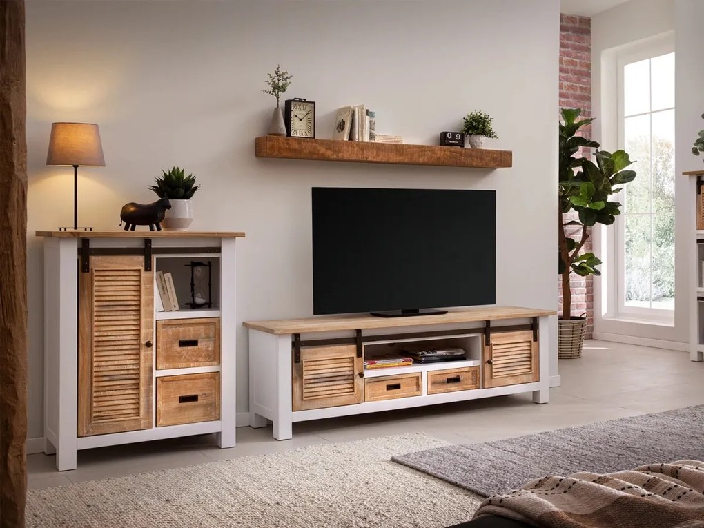 furniture-nabytek.cz - Masivní komoda Caprino z borovicového dřeva a MDF, lakovaná, bílá s hnědými detaily