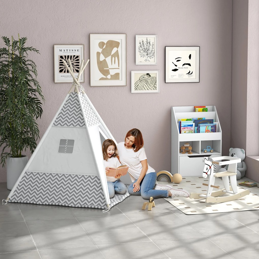 HOMCOM Dětský teepee stan Indický - dim. 1,2L x 1,2W x 1,55H m - Uzavíratelná dveřní okna, podložka, polštář a taška na nošení součástí balení - Inte…