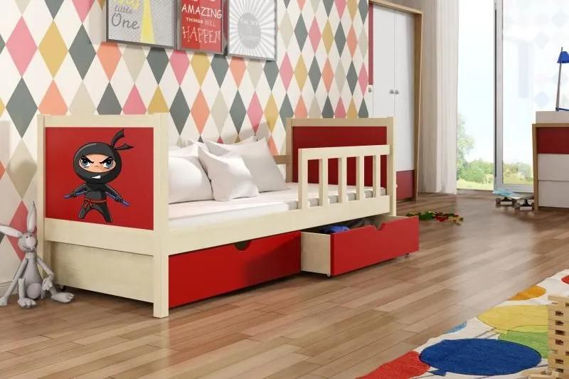 Dětská postel PONOKIO 1 - přírodní / červená + ninja