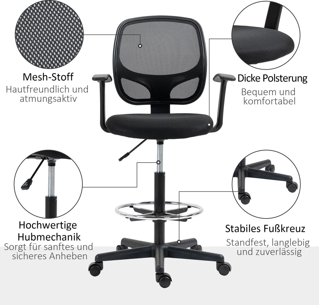 Ergonomická kancelářská židle Vinsetto kancelářská židle, otočná židle, kreslící židle, nastavitelný kroužek na nohy, do 120 kg, černá, 60x56x110-132…