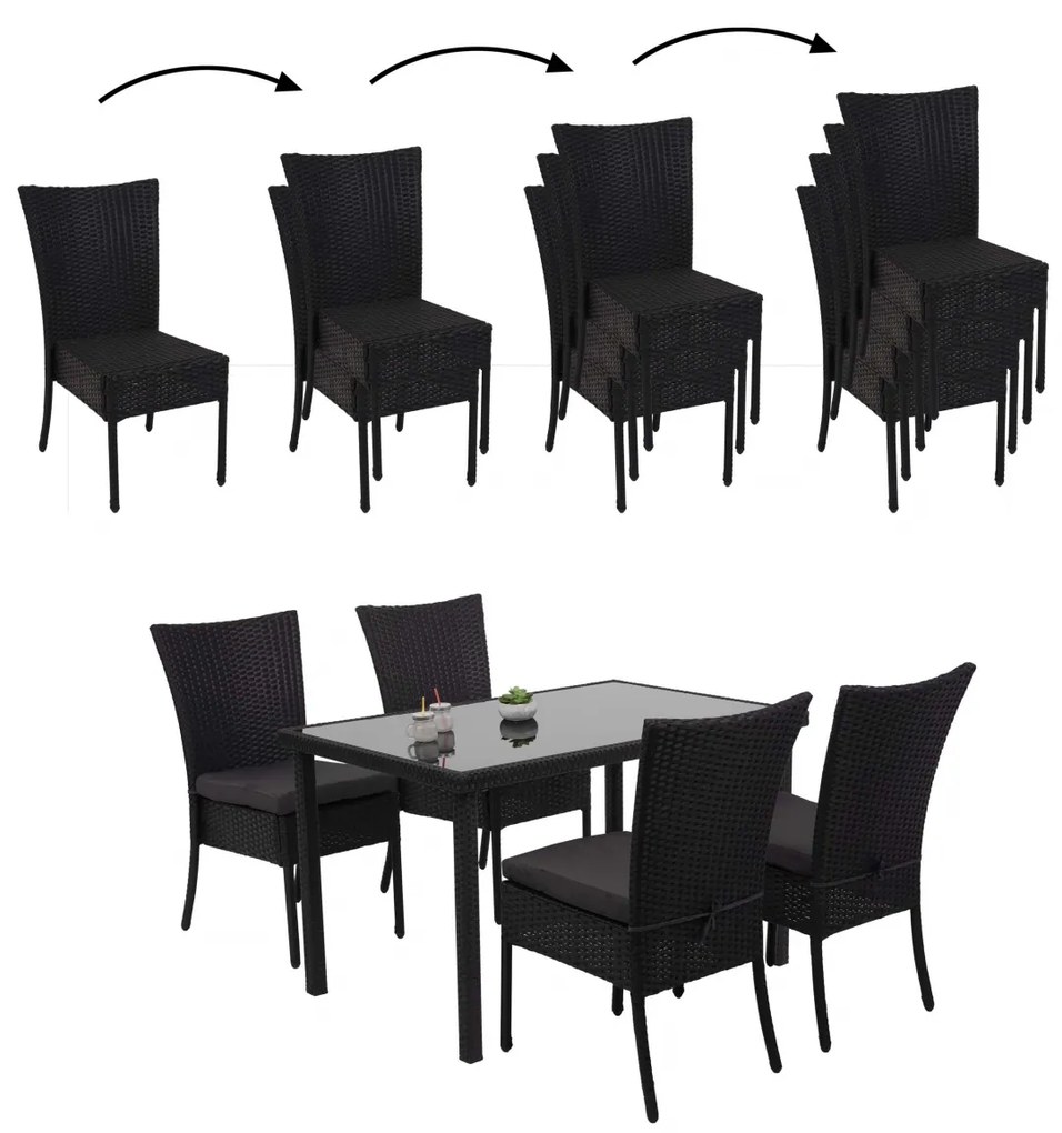 Zahradní jídelní sada 4x Židle a stolu HWC-G19, polyratan, 120x75cm - černá, polštáře tmavě šedá