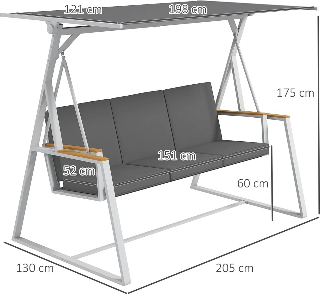 Outsunny 3-místná zahradní houpačka s nastavitelným sklonem stříšky, dodávaný matrac, ocelový rám, rozměry: 205D x 130Š x 175V cm Tmavě šedá | Aosom