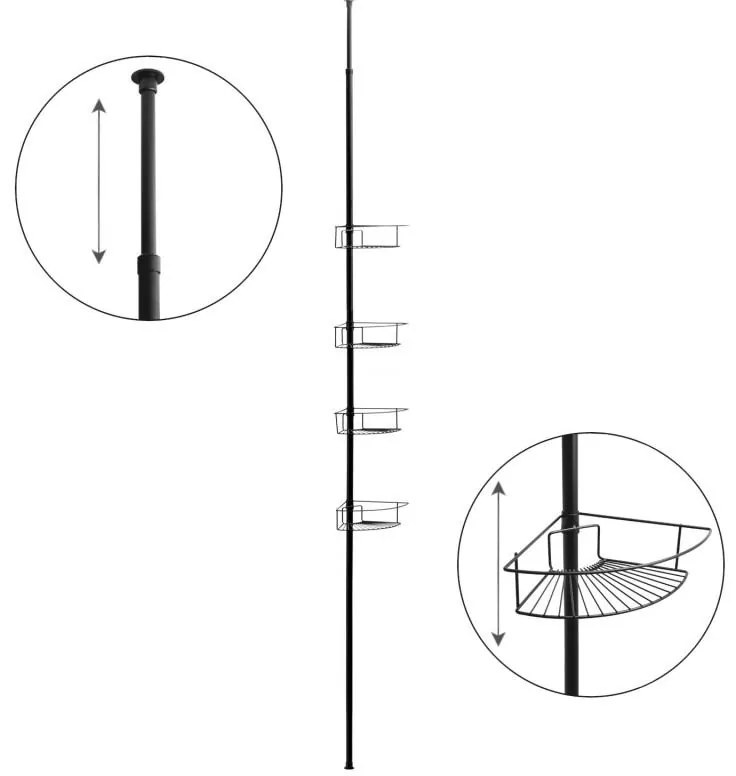 Erga Scopic, rohová teleskopická sprchová tyč 4 policová XL, černá matná, ERG-YKA-CH.SCOPIC-XL-BLK