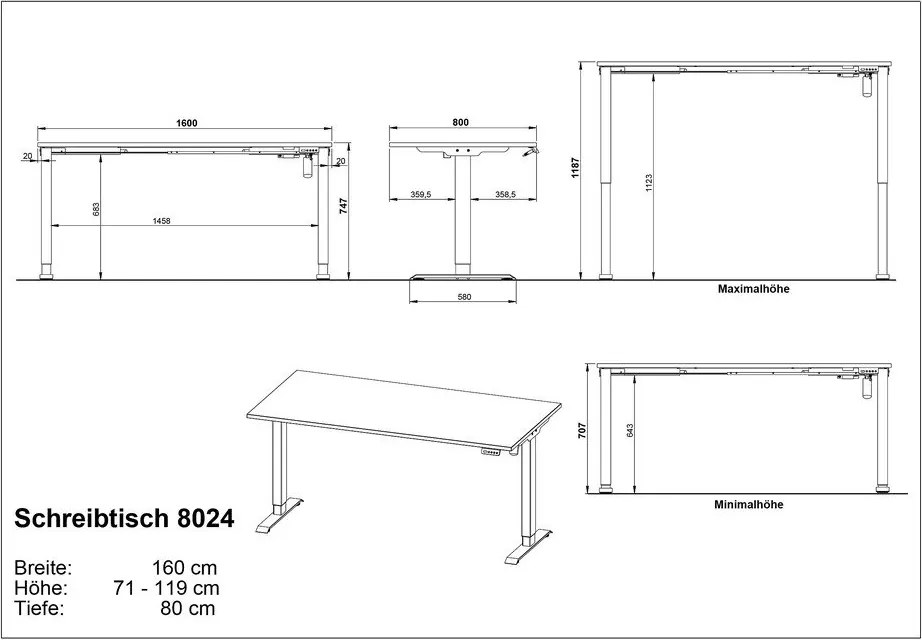 Polohovací pracovní stůl s elektricky nastavitelnou výškou s deskou v dubovém dekoru 80x160 cm Boras – Germania