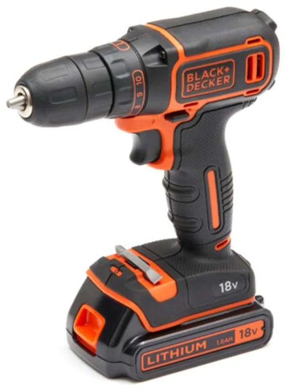 BLACK+DECKER Nářadí - 18V AKU vrtací šroubovák, 1x aku 1,5 Ah Li-Ion, nabíječka BDCDC18K-QW
