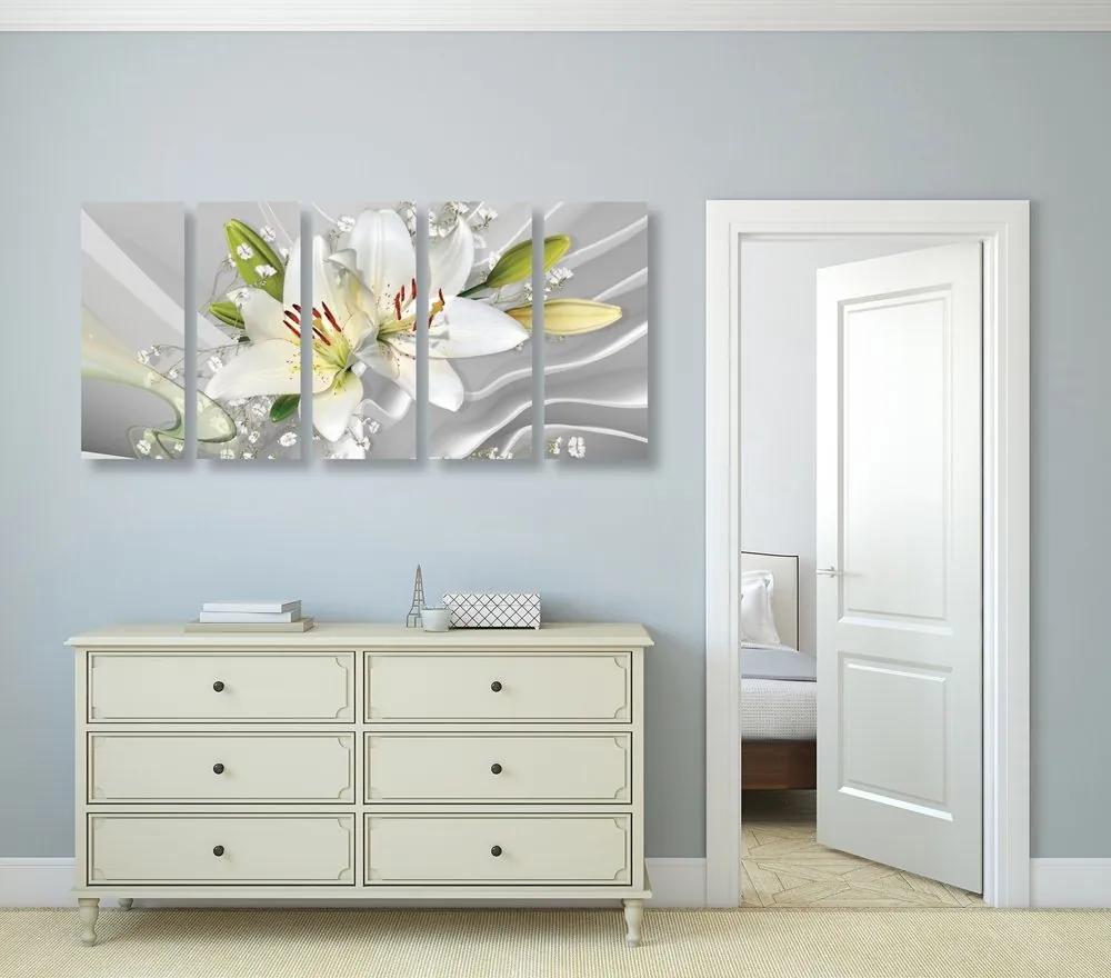 5-dílný obraz bílá lilie na zajímavém pozadí - 200x100 cm