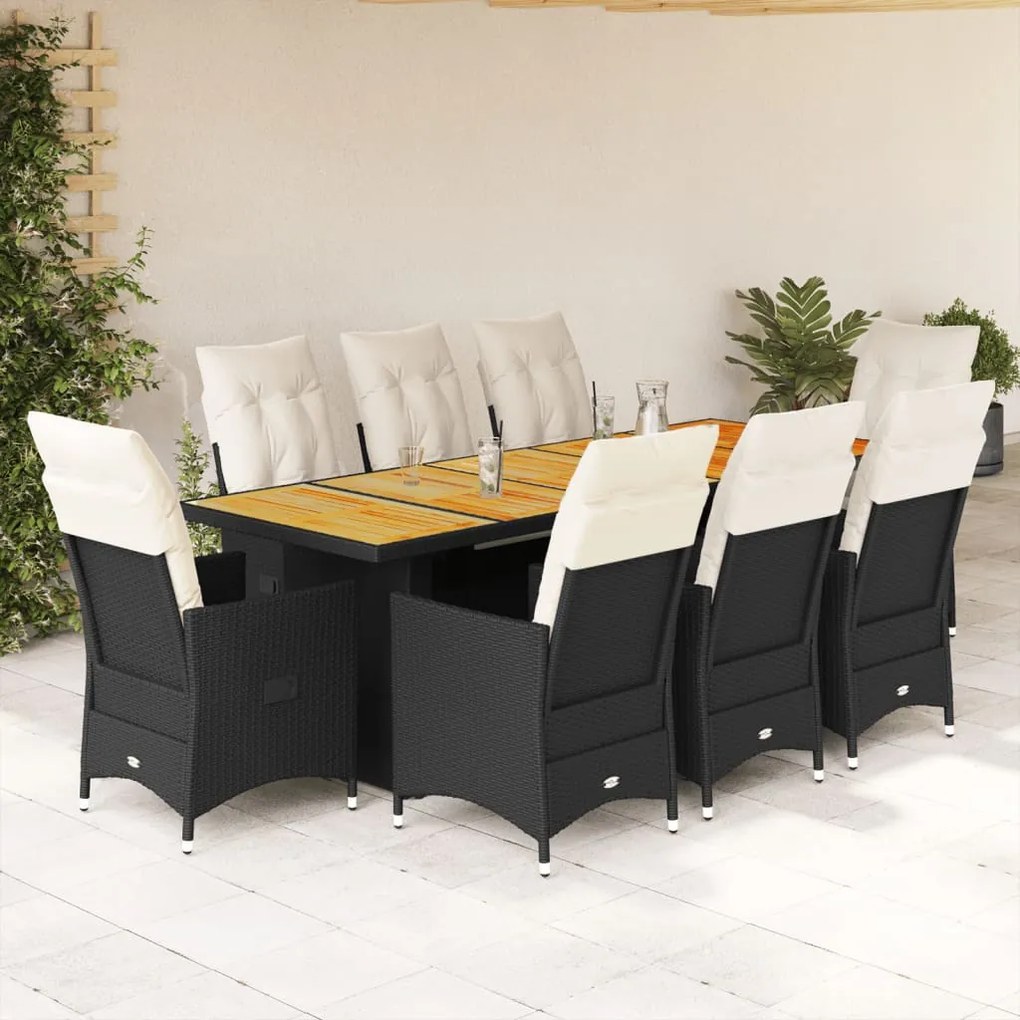 9dílný zahradní bistro set s poduškami černý polyratan 3277231
