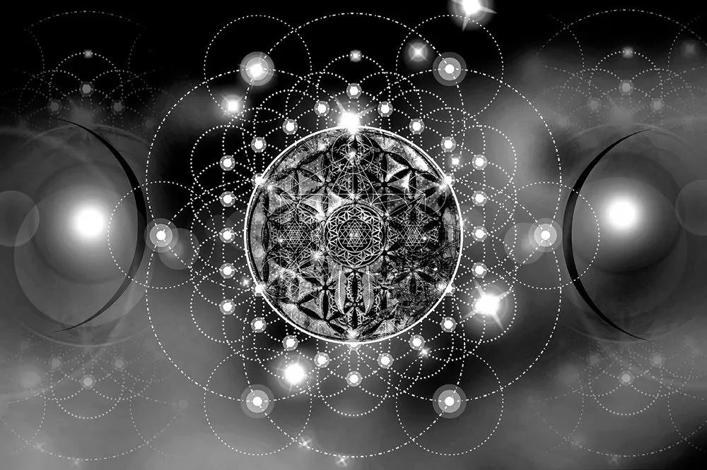 Tapeta zářící Mandala v černobílém provedení - 300x200 cm