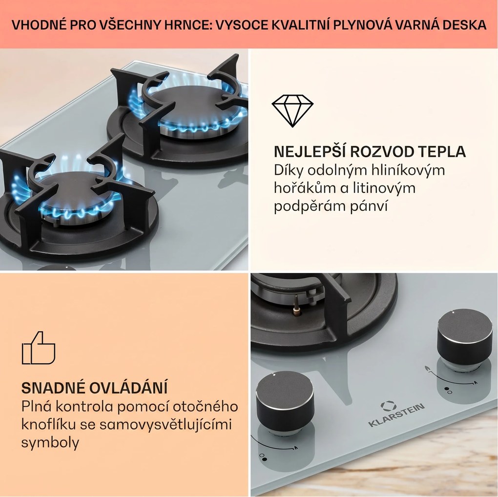 Klarstein Firetale plynová varná deska 2 hořáky, hliníkový hořák, zemní plyn/propan, včetně hadice a redukčního ventilu