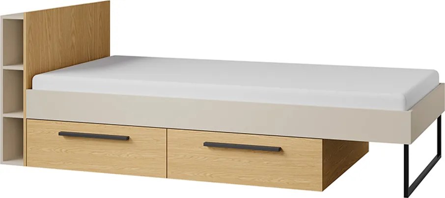 LORIN d | postel jednolůžko 11 | 90x200 cm | s roštem, 2 zásuvkami a poličkami | UNI provedení | kašmír/dub