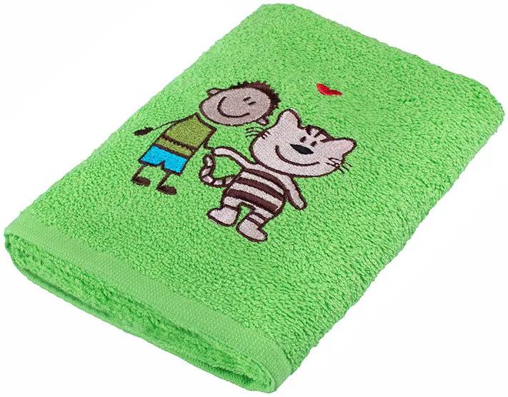 Škodák Dětský froté ručník LILI zelený - Kluk s kočkou - 30x50cm