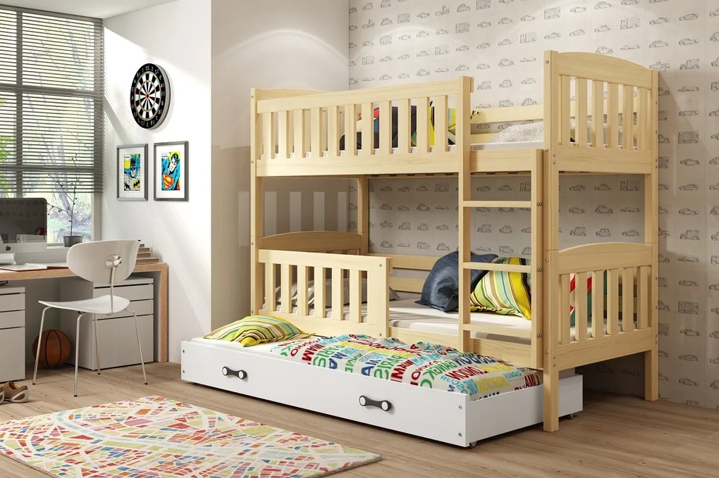 BMS Group Dětská patrová postel s přistýlkou KUBUS borovice Velikost postele: 200x90 cm, Barva šuplíku: Zelená