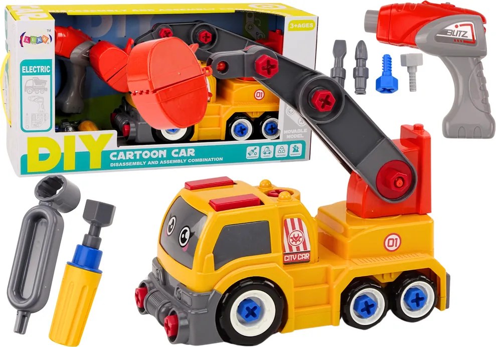 LEAN Toys Nákladní auto s jeřábem v kresleném stylu na rozšroubování – DIY, oranžové