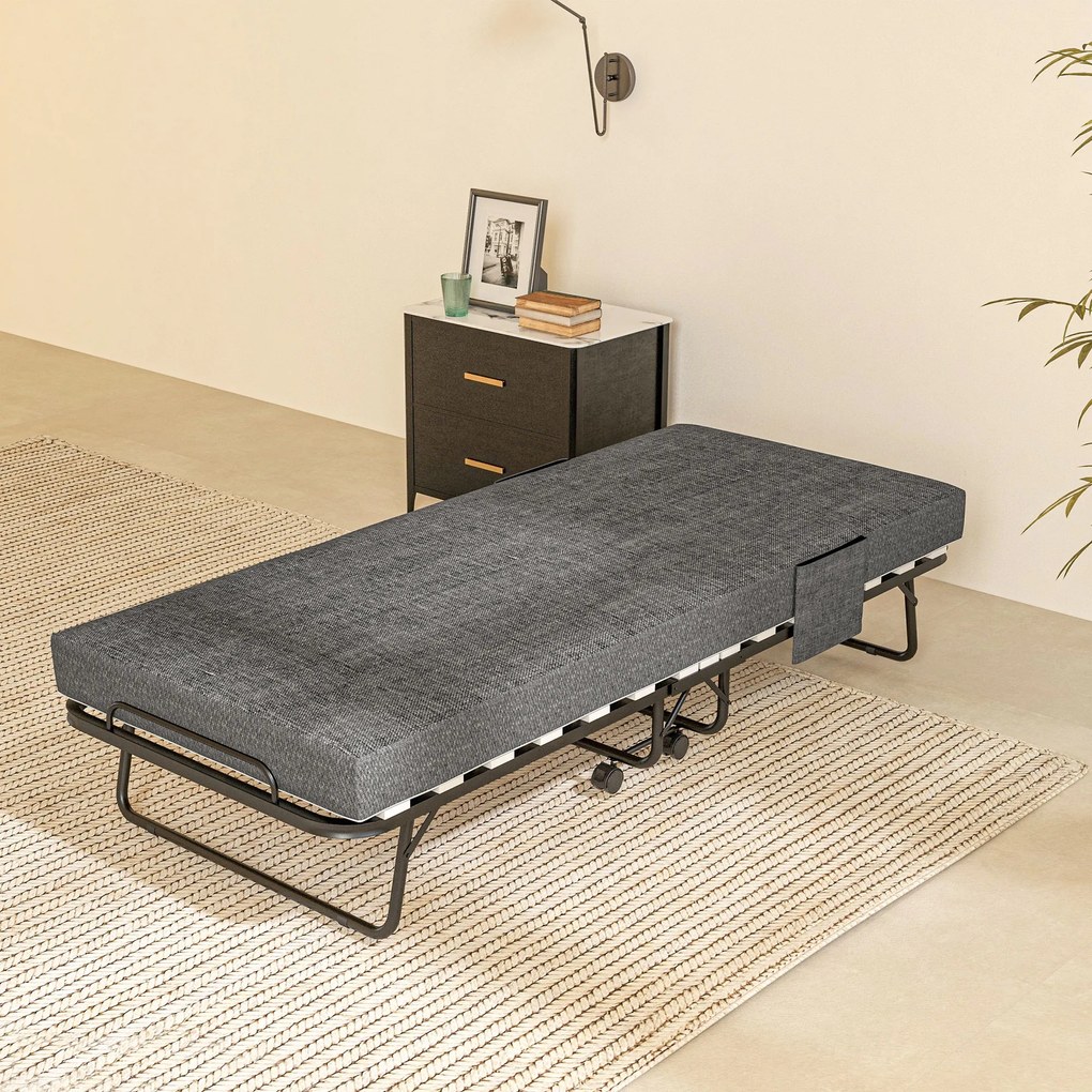Skládací postel pro hosty HOMCOM s kolečky, 190x80 cm, 10 cm matrace, potah a boční taška, tmavě šedá, ideální do ložnice a na cesty | Aosom.de