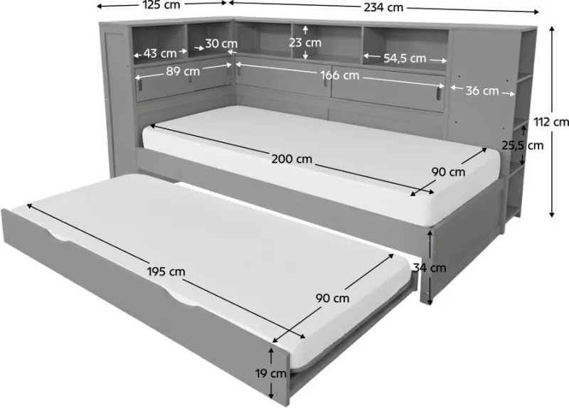 Postel s regály a přistýlkou, šedá, 90x200, LENDON Kondela 0000412657