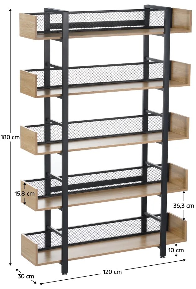 Kondela 5-policový regál, dub/černá, KILIS NEW TYP 2