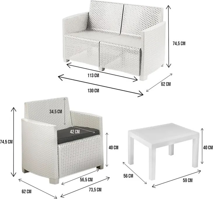 Progarden Zahradní ratan set Arena Bianco pohovka + 2 křesla + stůl + polstry bílá