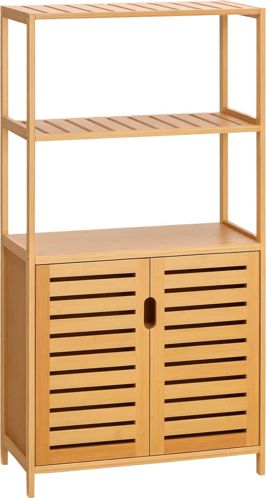 Kleankin koupelnová skříňka se 2 otevřenými policemi a skříňkou se 2 dvířky, úsporná bambusová skříňka 60x30x120 cm, přírodní | Aosom
