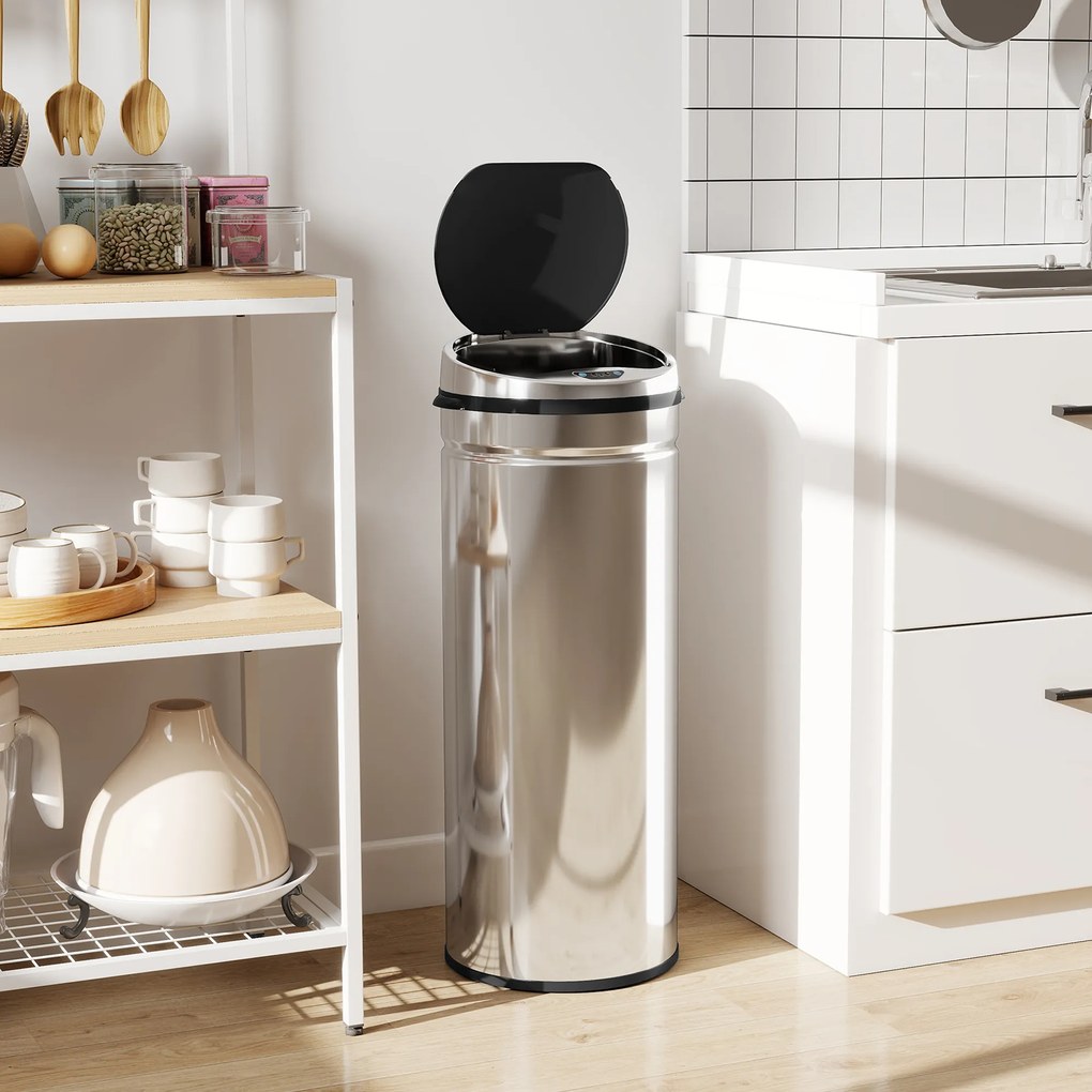 HOMCOM 50 l automatický odpadkový koš, nerezový, s pohybovým senzorem, černý a stříbrný