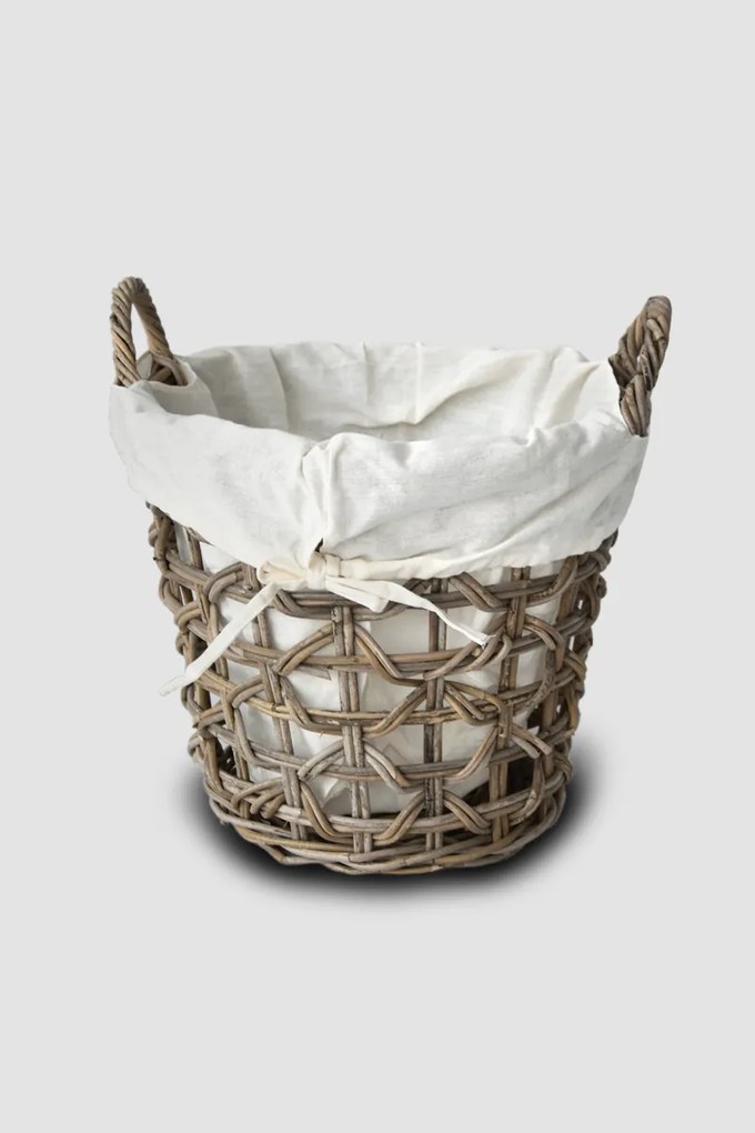 Vingo Úložný ratanový koš s bílou textilií, kulatý – šedý Rozměry (cm): průměr 42, v. 32