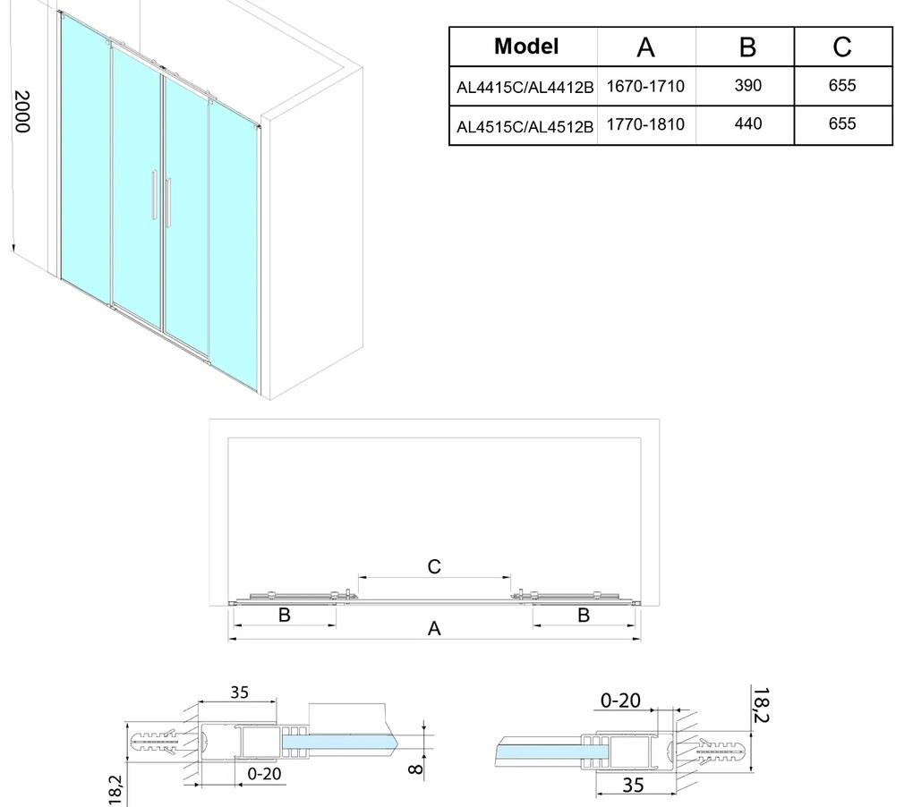 Polysan Altis sprchové dveře do niky 170 x 200 cm posuvné tříkřídlé chrom čiré sklo AL4415C