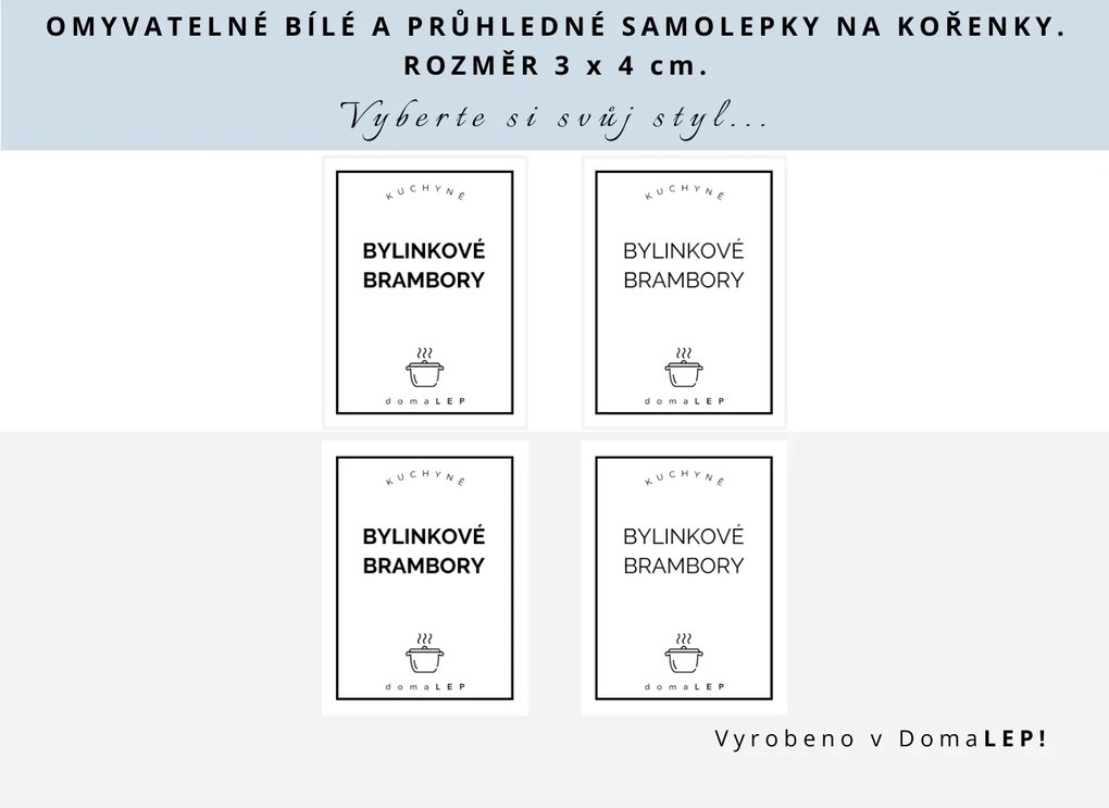 BYLINKOVÉ BRAMBORY - Samolepka na kořenky 3 x 4 cm - DomaLEP varianta: PRŮHLEDNÁ - základní písmo