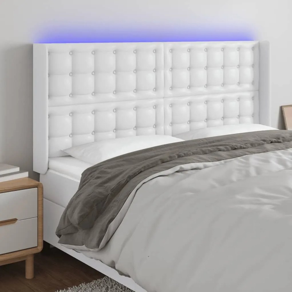 Čelo postele s LED bílé 147 x 16 x 118/128 cm umělá kůže