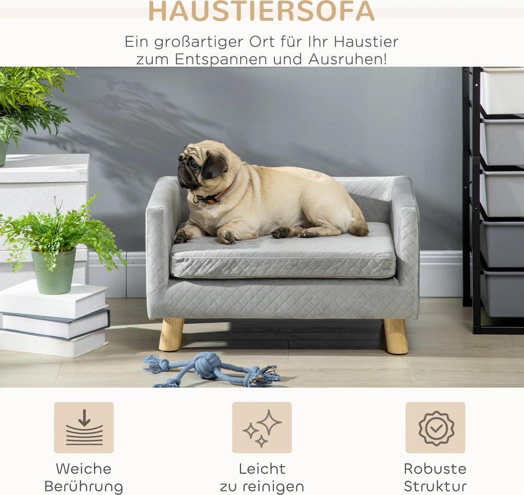 PawHut pohovka pro psy sametová dotyková pohovka pro malé psy do 8 kg s dřevěnými nohami šedá 64x45x36cm pro stylový nábytek pro domácí mazlíčky | Ao…