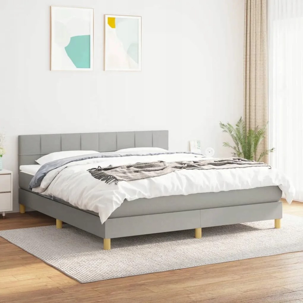 Box Spring Postel S Matrací Textil Světle Šedá Blok se čtverci 180 x 200