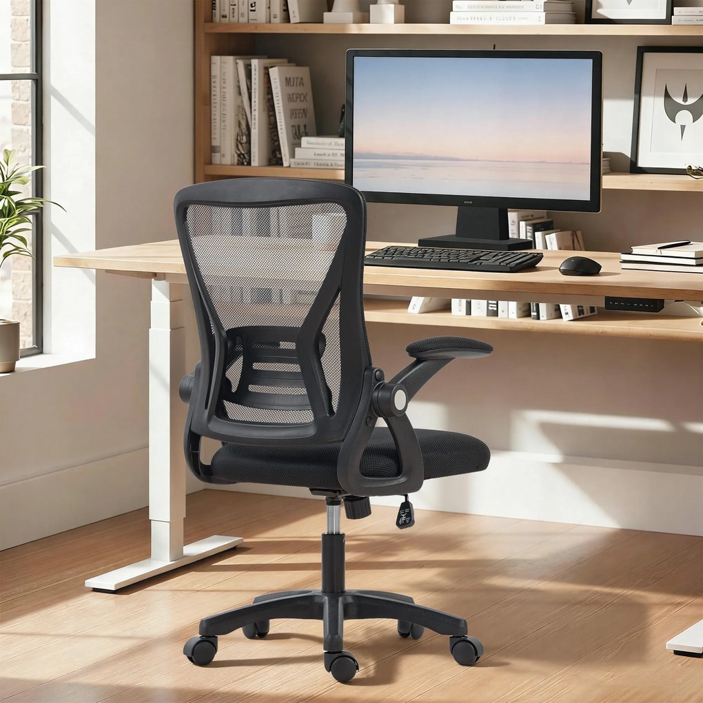 HOMCOM Ergonomická kancelářská židle, výškově nastavitelná židle s výklopnými područkami, bederní opěrka, černá