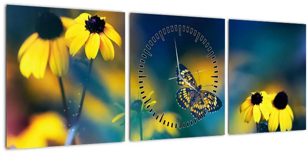 Obraz - Žlutý motýl s květy (s hodinami) (90x30 cm)