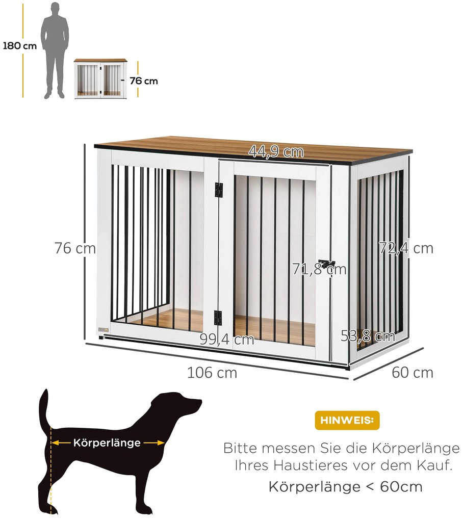 Klec pro psa PawHut, pro malé/střední psy, s uzamykatelnými dvířky, dřevotříska, 106x60x76cm, tmavý ořech+bílá| Aoso