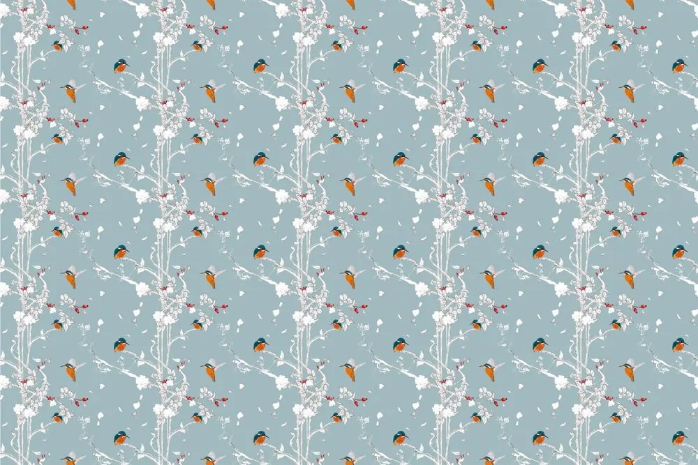 Samolepící tapeta ptáčci v hustém lese s modrým pozadím