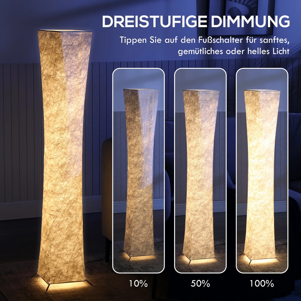 HOMCOM Stojací lampa s papírovým stínidlem, nožní spínač, 3 úrovně jasu, bílá