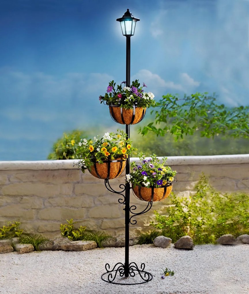 Kovový stojan na květiny s LED lucernou