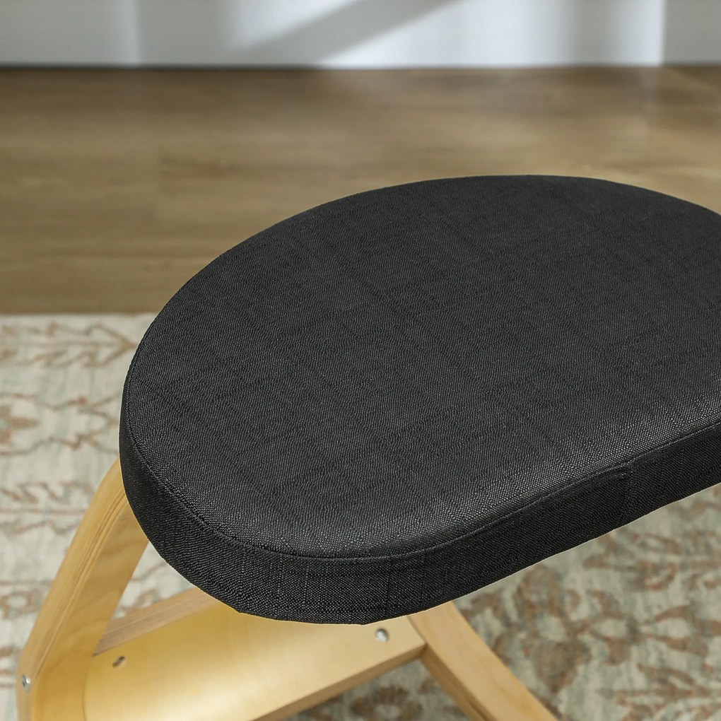 HOMCOM Ergonomická houpací kolenící židle v lněné efekt tkanině a z březového dřeva, 50x73x55 cm, Černá