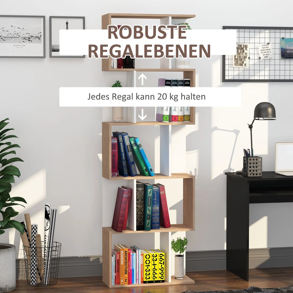 HOMCOM 5-patrová knihovna Dřevěný regál S-tvarovaný Moderní design pro obývací pokoj a kancelář 60x24x184,5 cm Bílá a dřevo
