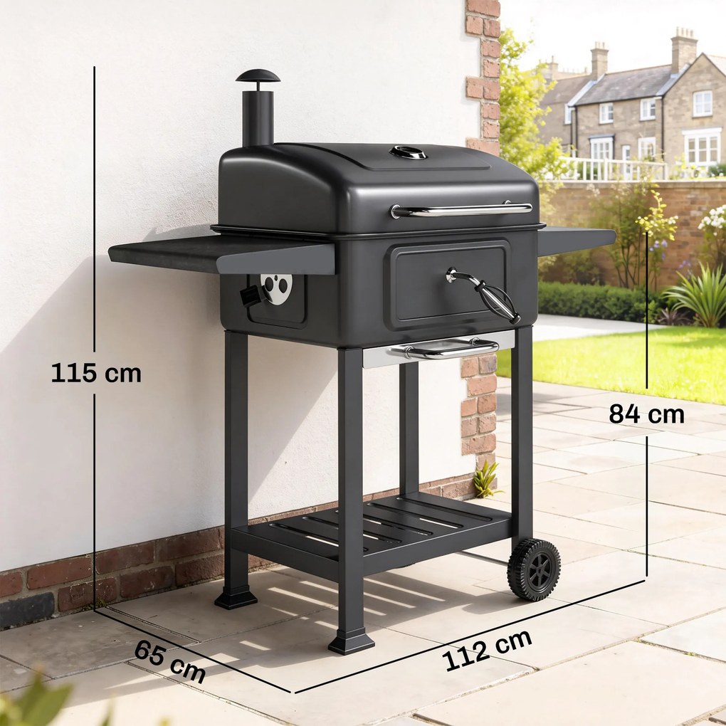Outsunny Gril na dřevěné uhlí BBQ udírna s víkem Teploměr výškově nastavitelná pánev na dřevěné uhlí Komín Grilovací rošt Boční stolek Popelník