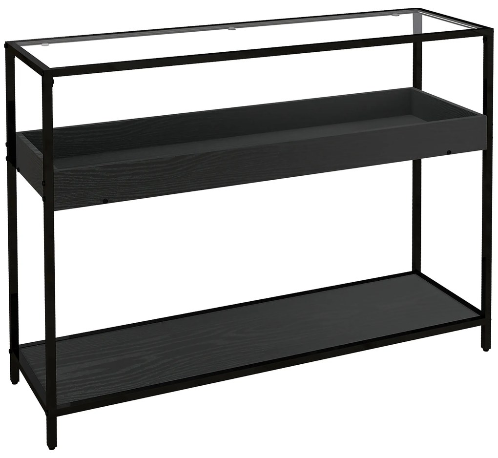 HOMCOM Konzolový stolek se 2 policemi Předsíňový stolek se skleněnou deskou, botník, ocel, černý, 100x30x78 cm| Aosom