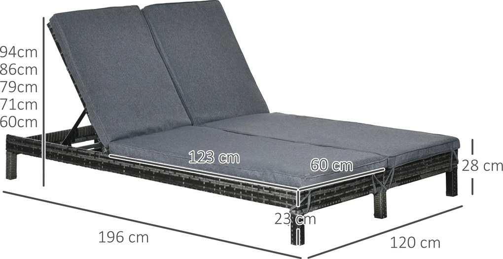Outsunny polyratanové lehátko zahradní lehátko pro 2 osoby relaxační lehátko 5-stupňové opěradlo kov & PE ratan 196x120x28cm pro zahradu a terasu