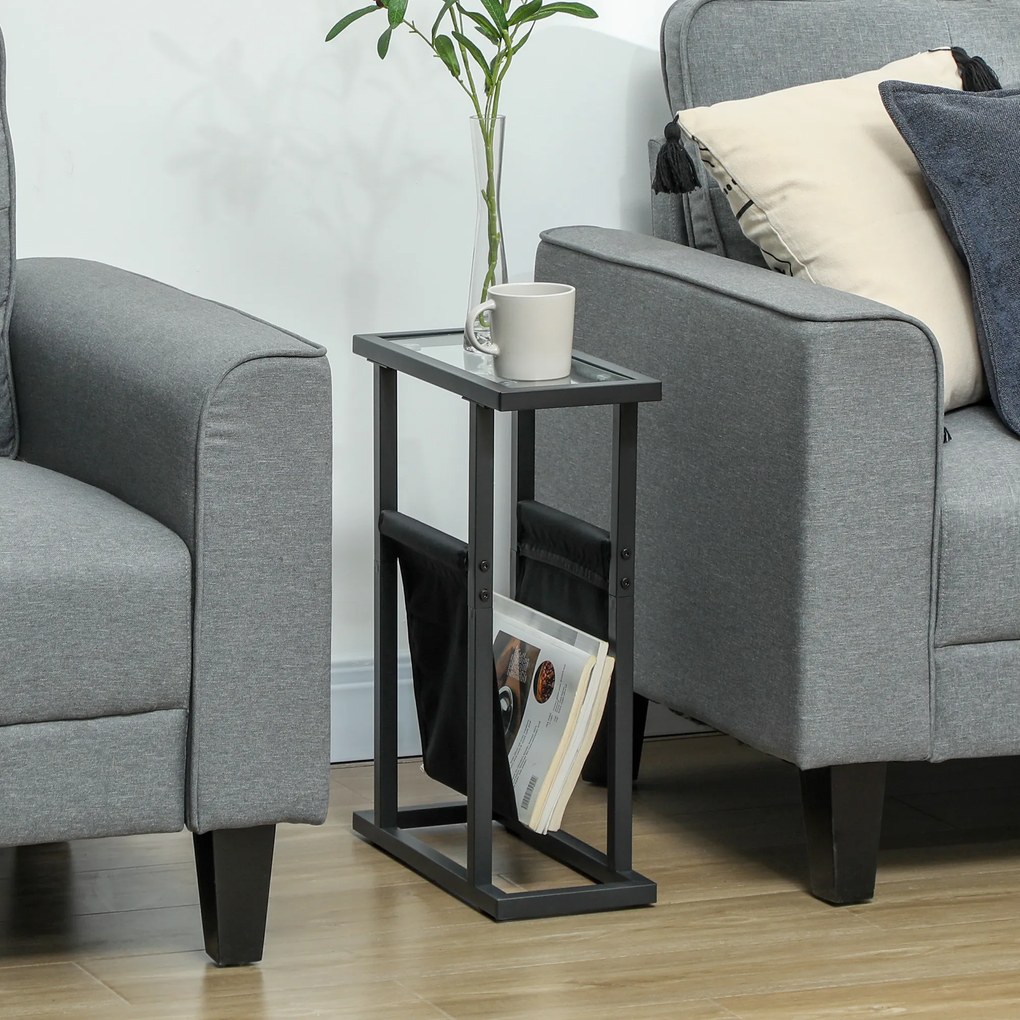 HOMCOM Noční stolek se látkovým košem, skleněná deska, konferenční stolek s kovovými nohami, stolek k pohovce do obývacího pokoje 40 x 18 x 55,5 cm Č…