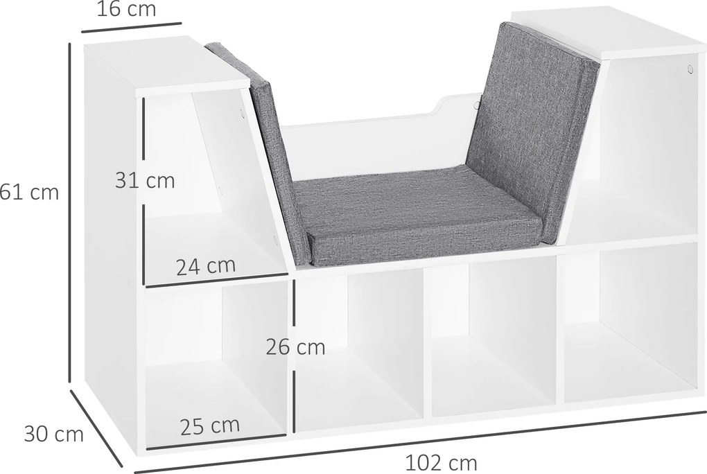 HOMCOM Knihovna se sedákem 6 kubických prvků, originální dětská knihovna, botník s polstrováním, víceúčelová 102x30x61cm