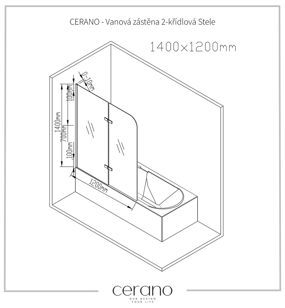 CERANO - Vanová zástěna 2-křídlová Stele L/P - černá matná, transparentní sklo - 120x140 cm