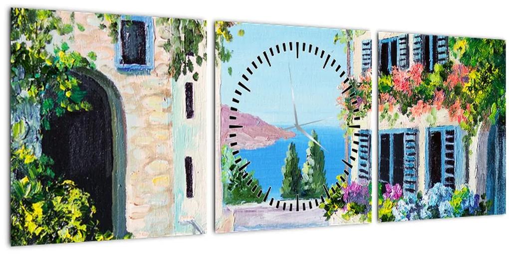 Obraz - Řecká ulička, olejomalba (s hodinami) (90x30 cm)