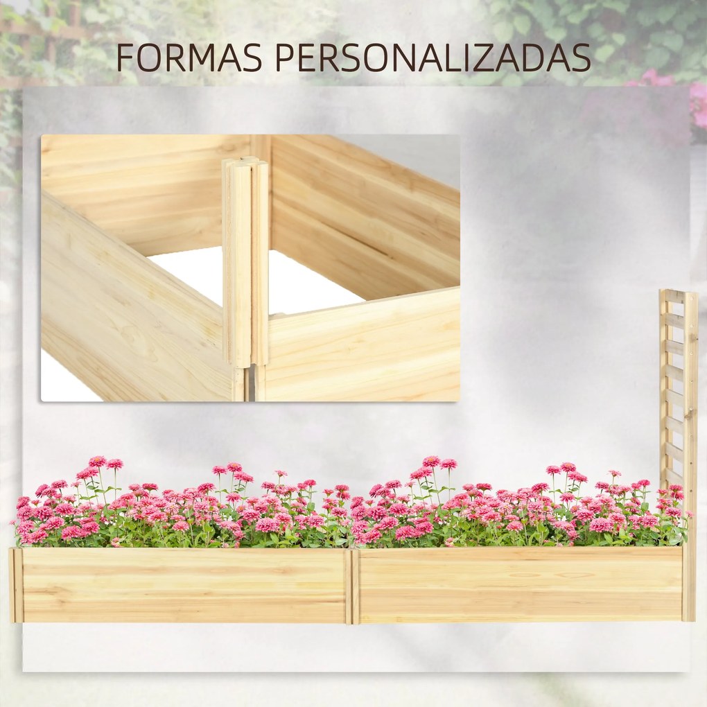 Outsunny Velký Dřevěný Zahradní Květináč s Trellis pro Popínavé Rostliny a 2 Vyvýšené Záhony pro Terasu a Balkon 230x60x110 cm Přírodní