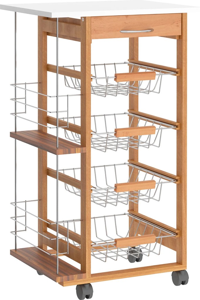 HOMCOM Kuchyňský vozík na kolečkách, Víceúčelový vozík s šuplíkem, 4 odnímatelné kovové koše a boční regály, 47x37x83 cm, Přirozené dřevo | Aosom